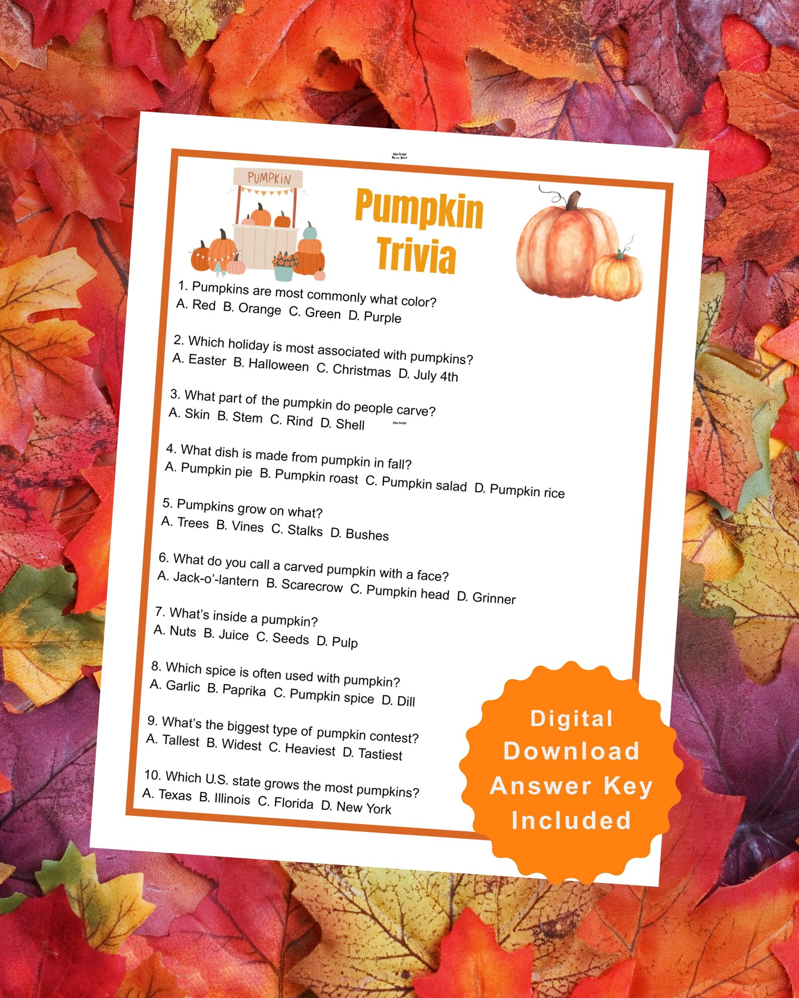 Pumpkin Trivia Game Printable • Fall Party Quiz • Thanksgiving Family ...