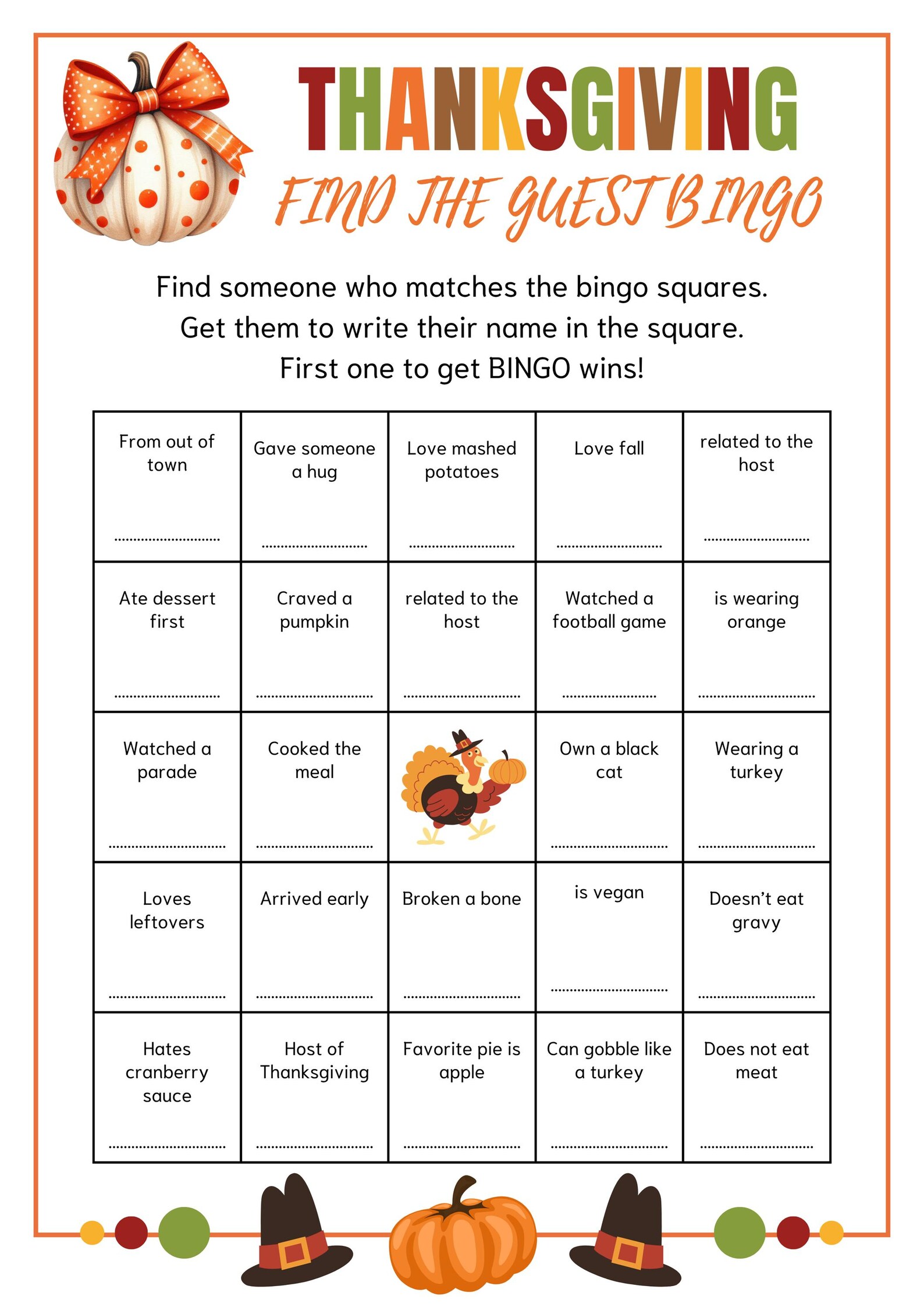 Thanksgiving Find the Guest Bingo Printable, Family & Friends ...