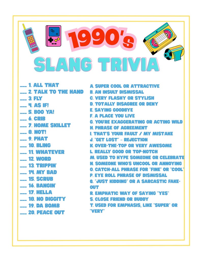 1990s Slang Trivia Game: Printable Retro Party Quiz (PDF Download) - Etsy