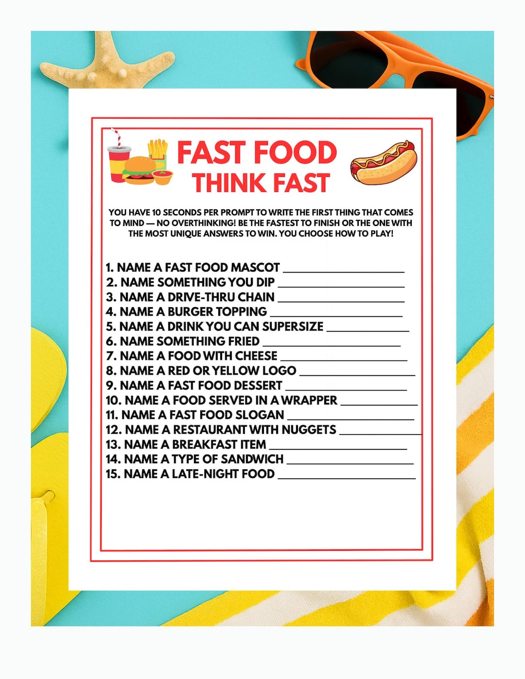Fast Food Think Fast Game: Funny Party Icebreaker (PDF Printable ...