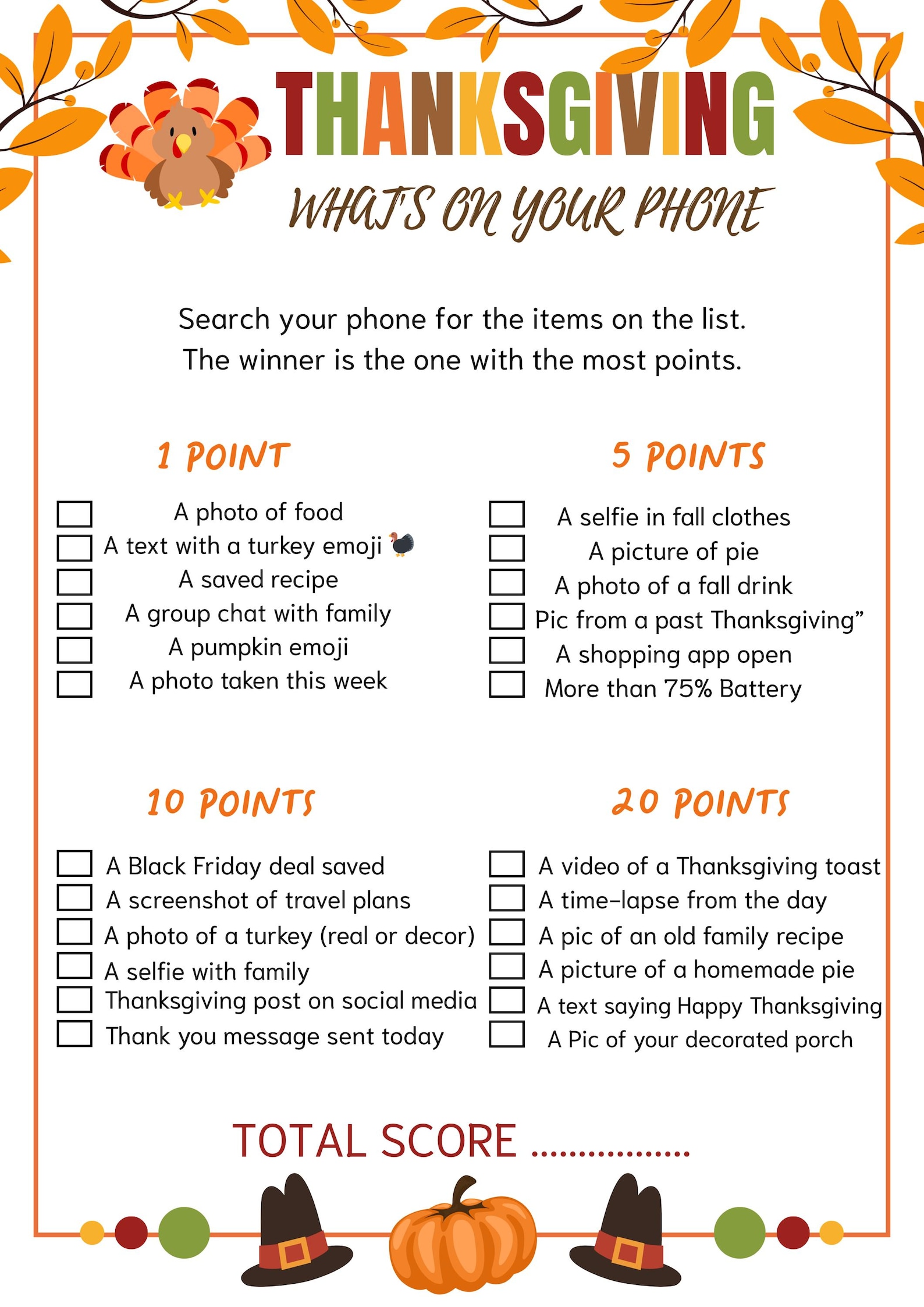 Thanksgiving What's on Your Phone Game Printable, Family & Friends ...