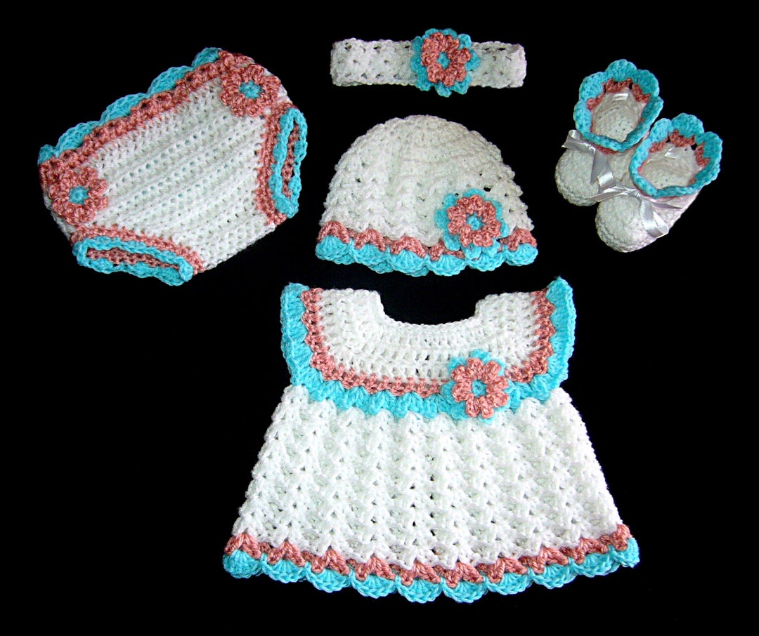 Diaper Crochet Dress Set 0-3M in White Pink and Blue Ready - Etsy
