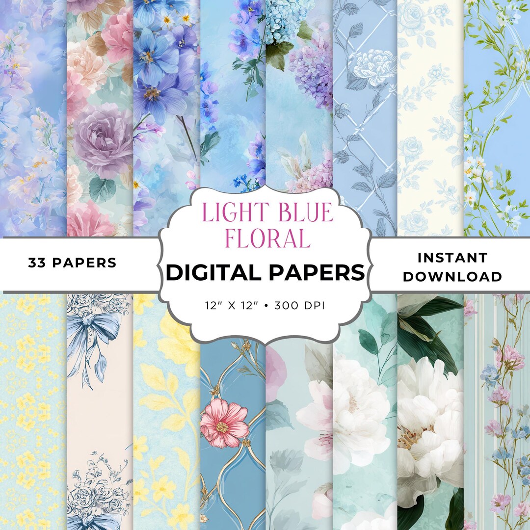 Light Blue Floral Digital Papers, Printable Vintage Ephemera, Scrapbook ...