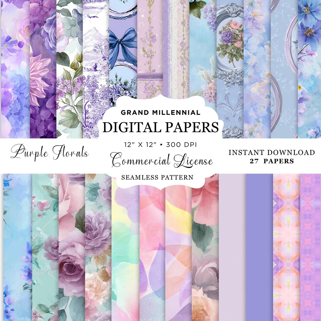 Purple Floral Digital Paper Pack: Vintage Scrapbook Pages (digital ...