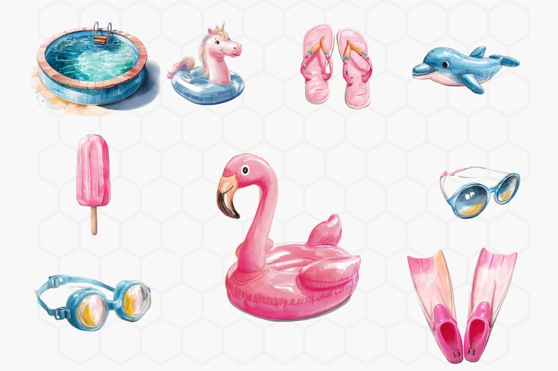 Pool Party Clipart - Summer Fun Watercolor, Kids Birthday Clipart, Ice ...