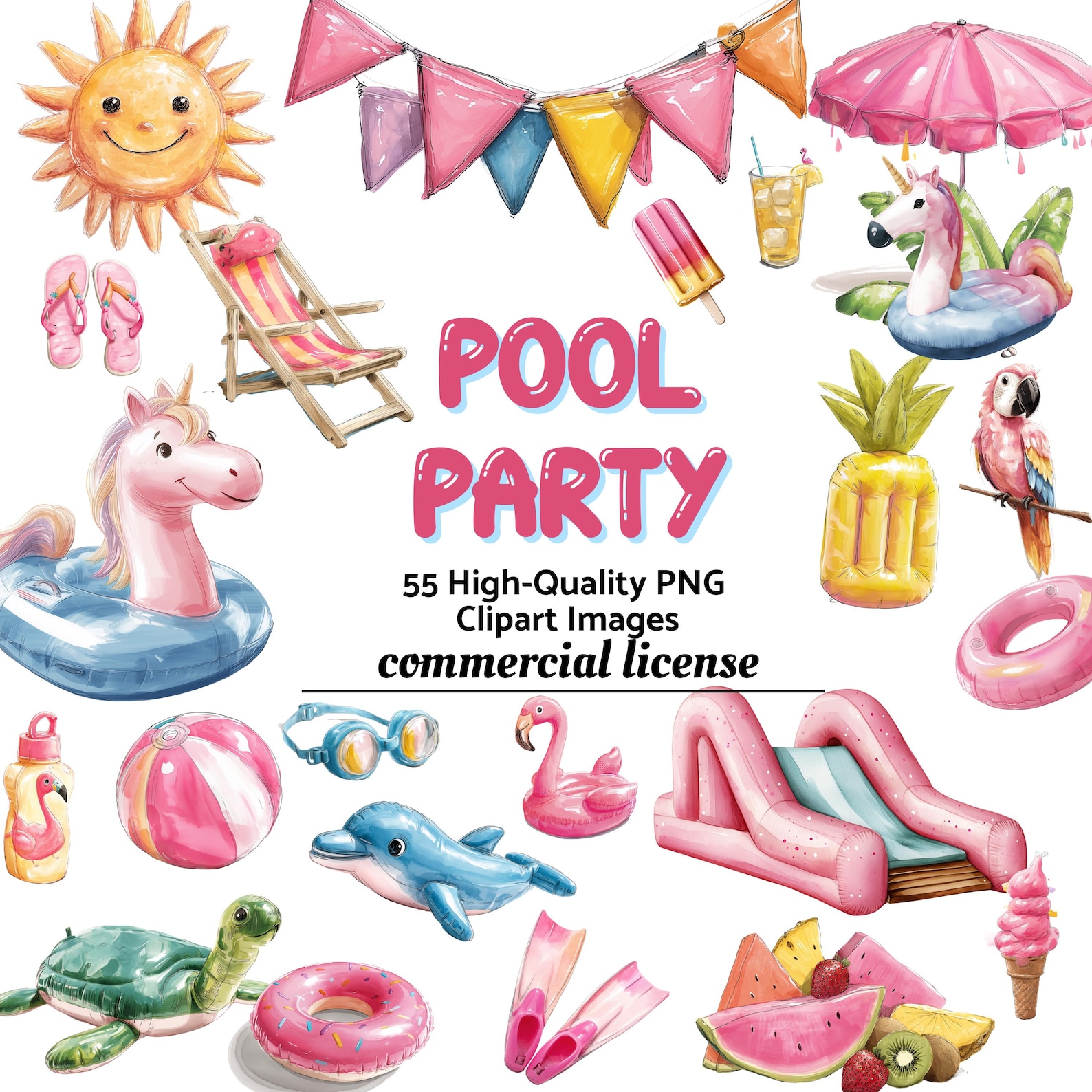 Pool Party Clipart - Summer Fun Watercolor, Kids Birthday Clipart, Ice ...
