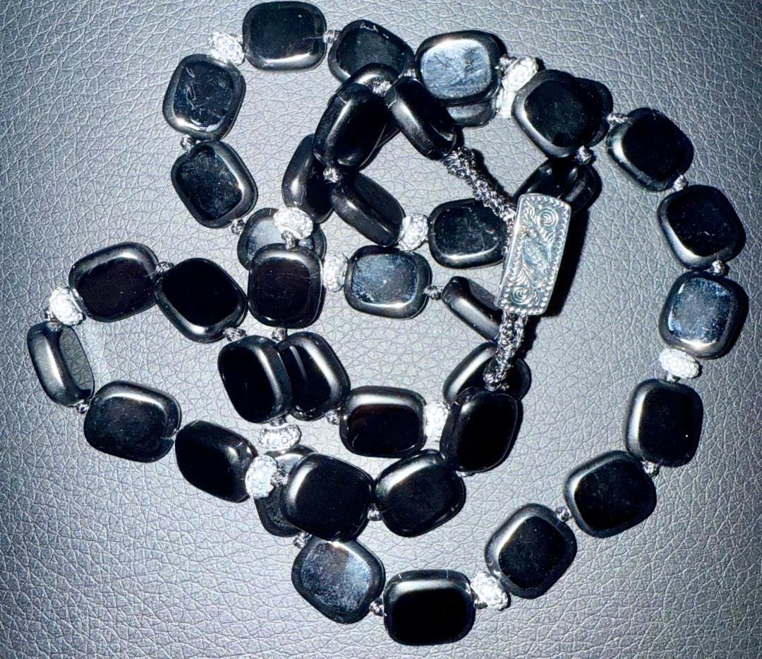 30" Black Oblong Necklace With Shiny Spacers - Etsy