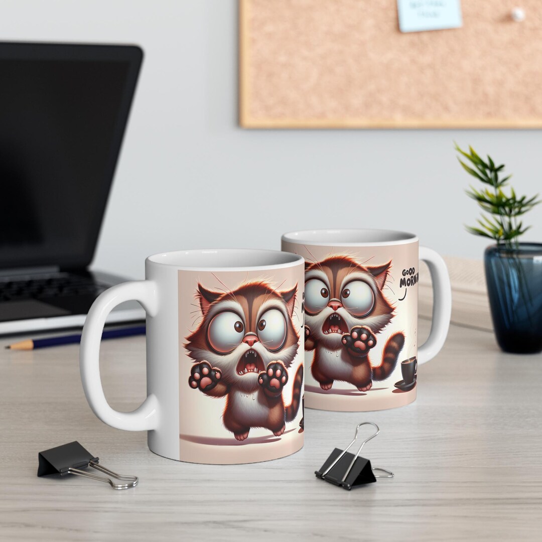 Funny Shocked Cat Ceramic Mug – Cute Good Morning Coffee Mug – Fun ...