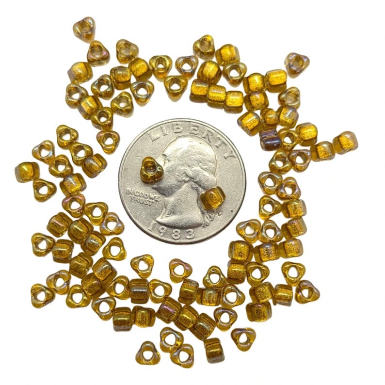 Miyuki #5 (4mm) Triangle Glass Seed Beads: Gold Color Lined Yellow ...