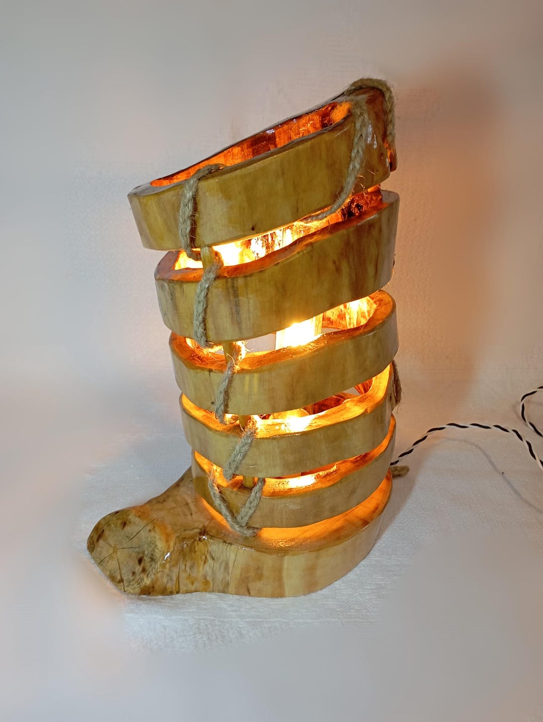 Handmade Spiral Wooden Lamp Rustic Table Light, Edison Bulb Night Lamp ...