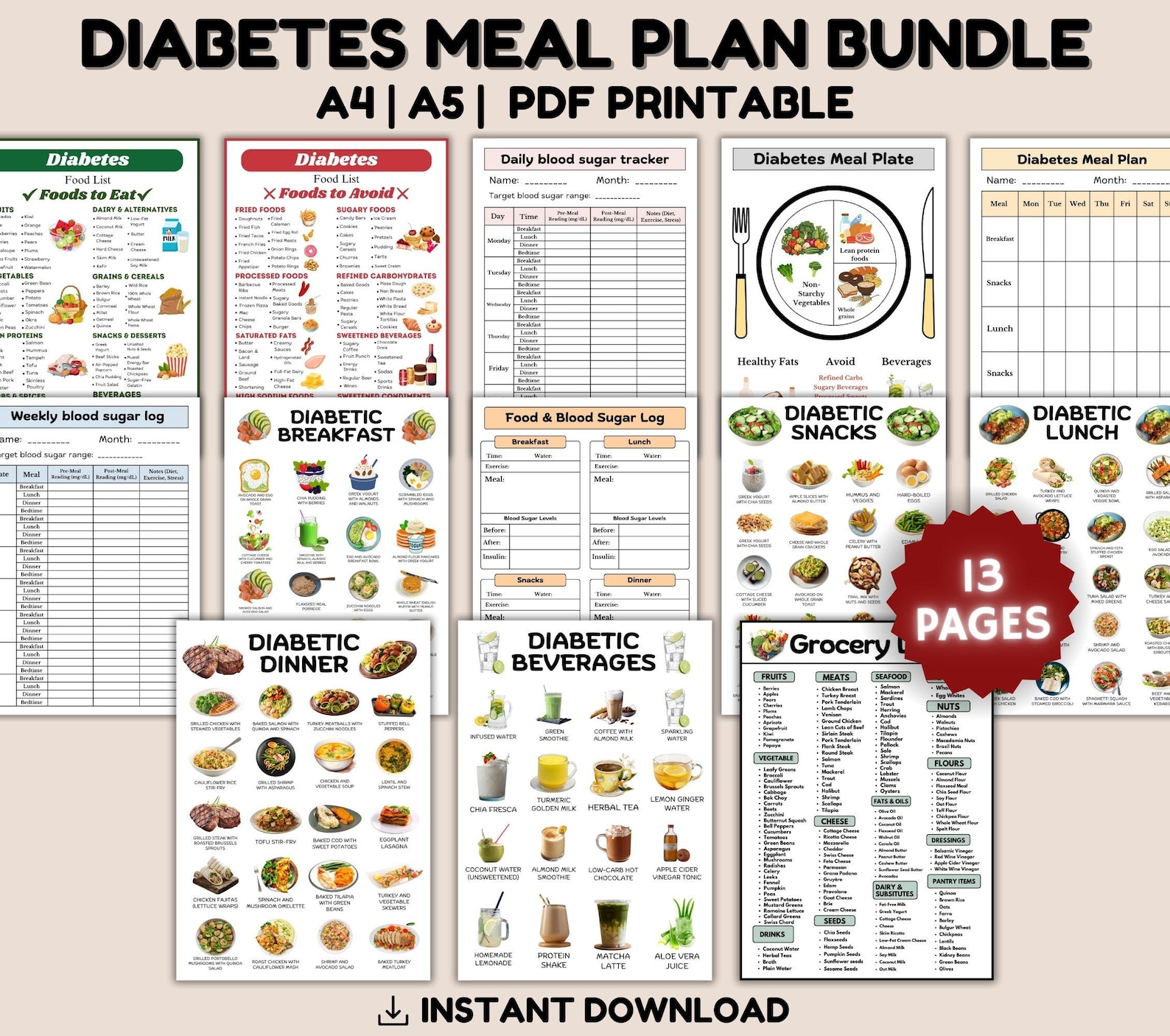 Diabetes Meal Plan Bundle Printable, Diabetic Food Chart, Diabetic Diet ...