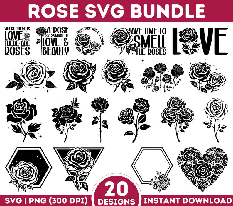 Roses SVG Bundle, Roses Svg, Roses Template Svg, Rose Bouquet Svg, Rose ...