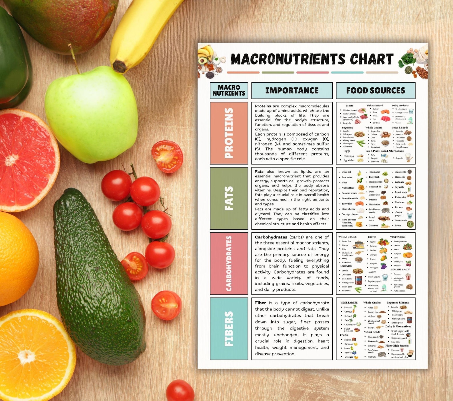 Macronutrients Food Chart Proteins Carbohydrates Fat Fiber Healthy ...