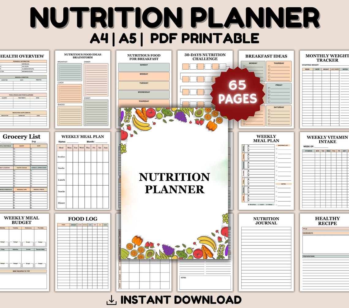 Nutrition Planner Bundle Printable, Meal Planner Food Journal, Calories ...