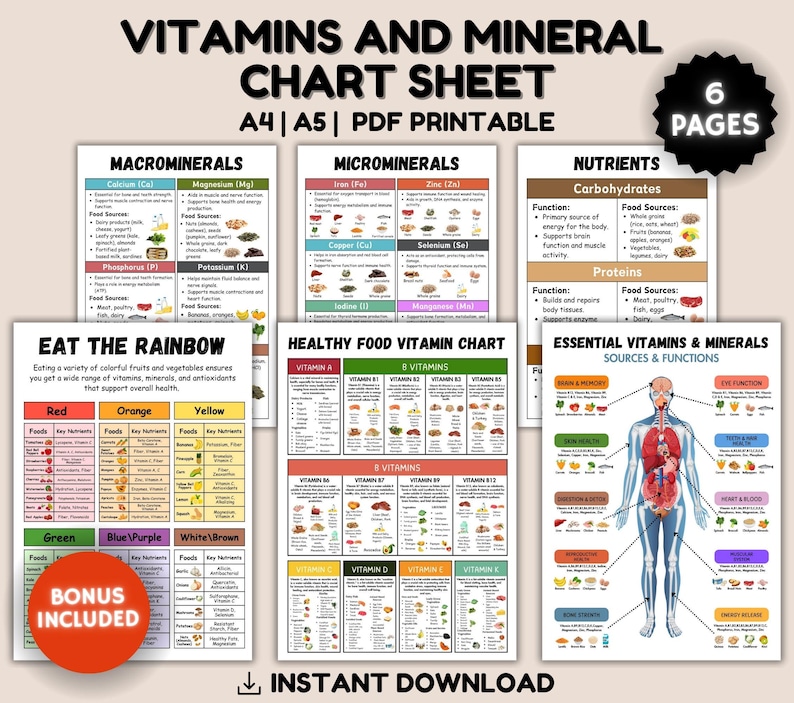Vitamins and Mineral Chart Sheet, Nutrition Facts Food List, Essential Micronutrients Chart ...