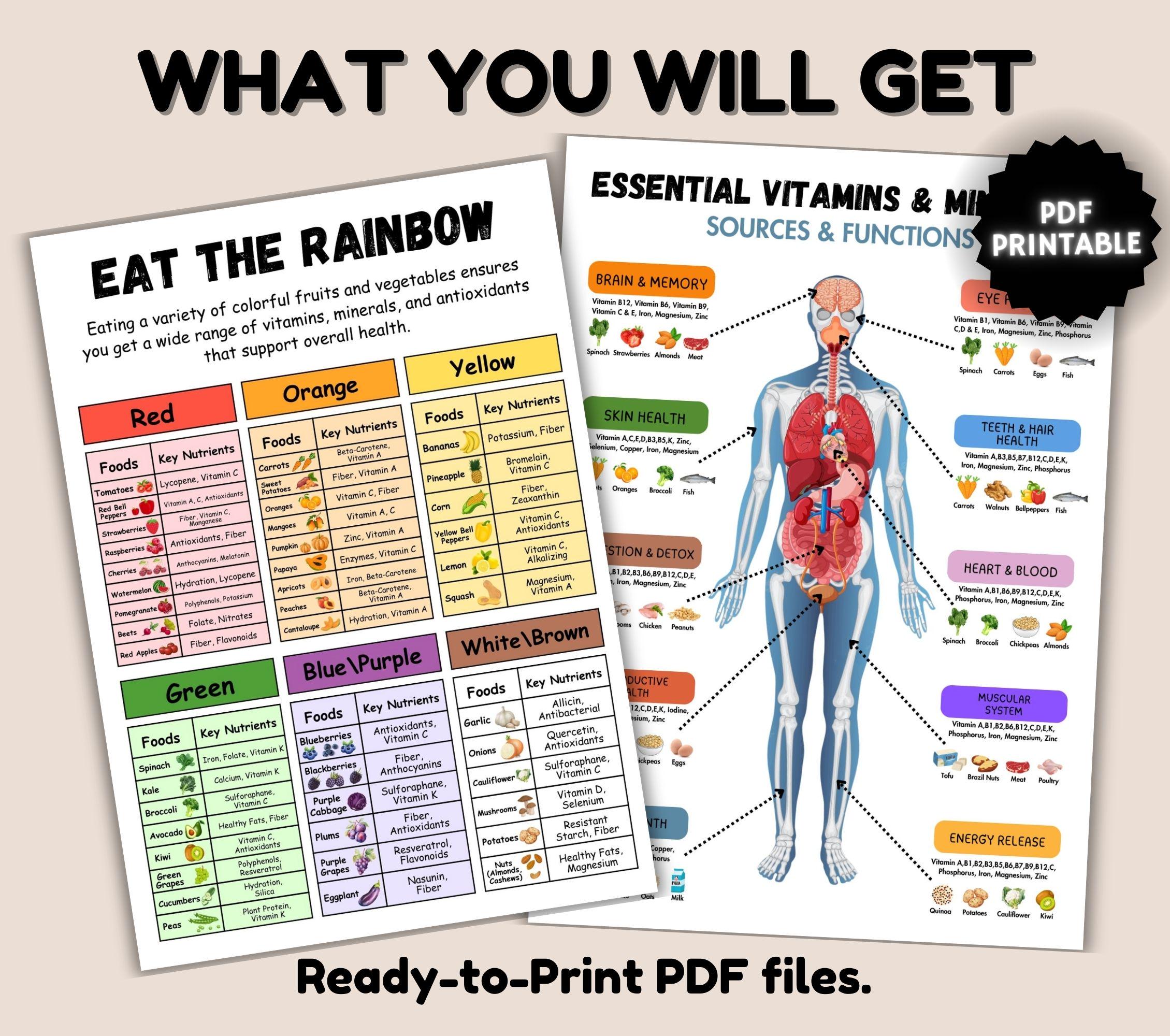 Vitamins and Mineral Chart Sheet, Nutrition Facts Food List, Essential ...