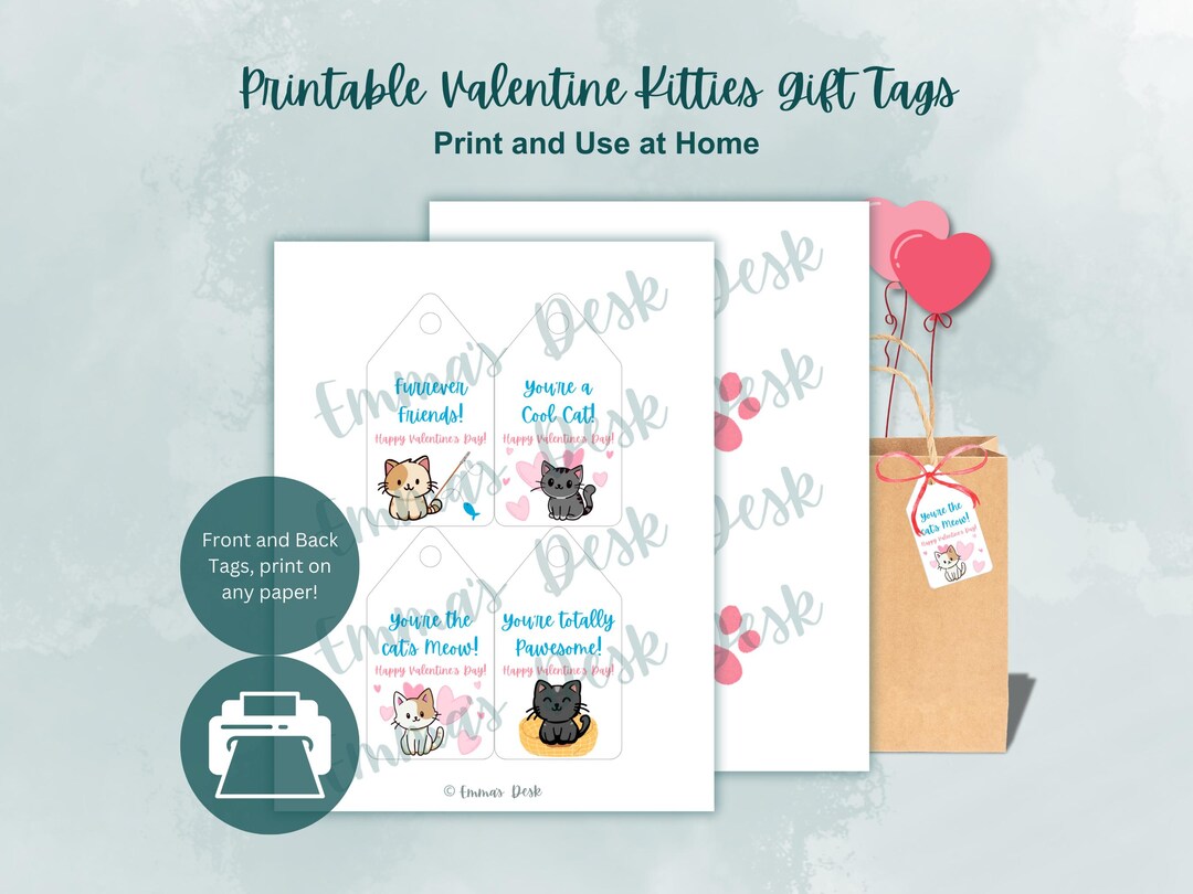 Printable Valentine Gift Tags, Valentine Kitten Printables, Valentines ...