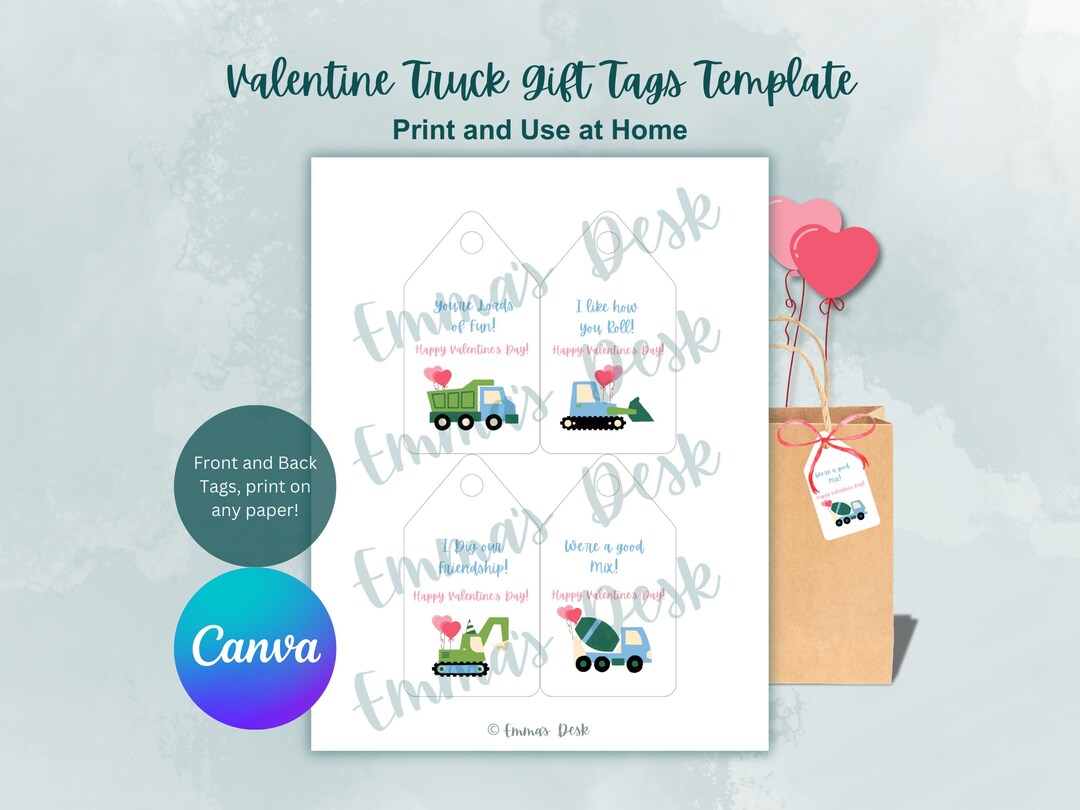 Printable Valentine Gift Tag, Valentines Truck Tag, School Valentine ...