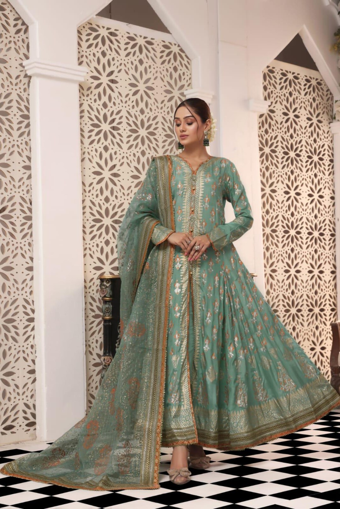 Kalidar Box Pleet Dress With Block Print and Lace 3 Pc Set With Dupatta ...