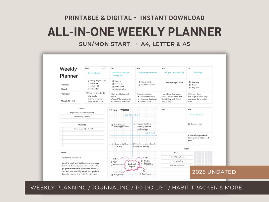All-in-one Printable Weekly Planner. Weekly Calendar, Printable Journal ...