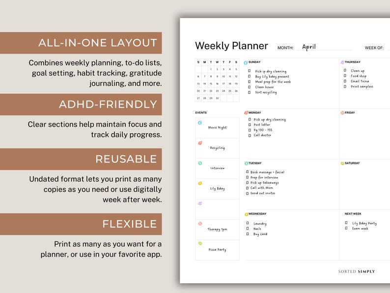 Printable Weekly Planner ADHD. Weekly Calendar, Printable Journal Page ...