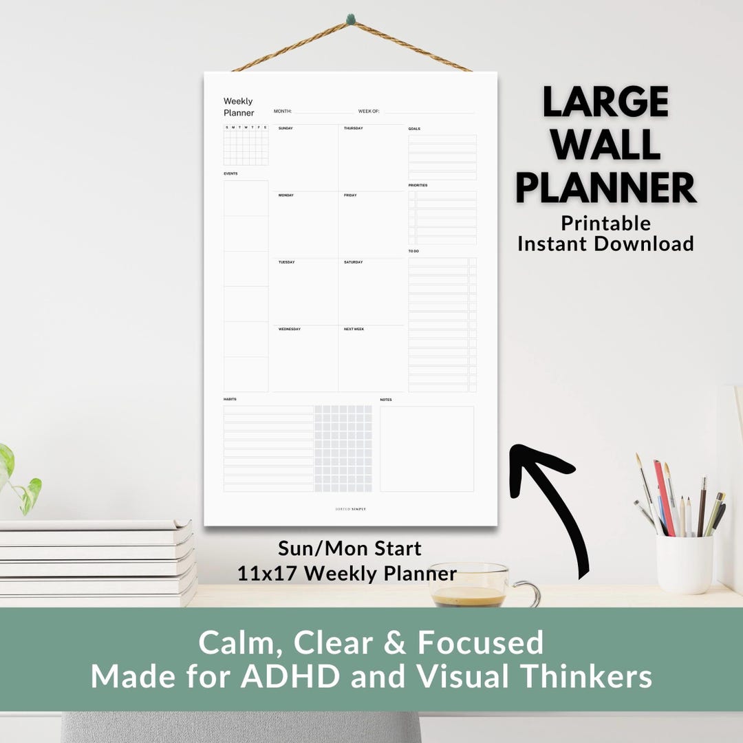 11x17 Weekly Planner Printable | Large Portrait Wall Planner | ADHD ...