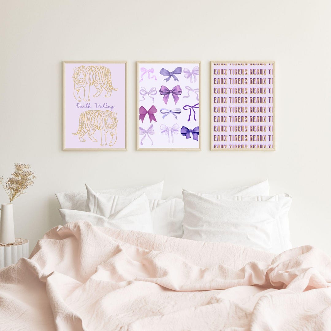 Girly LSU Wall Art Set of 5 | Purple and Gold Trendy Dorm Wall Decor ...