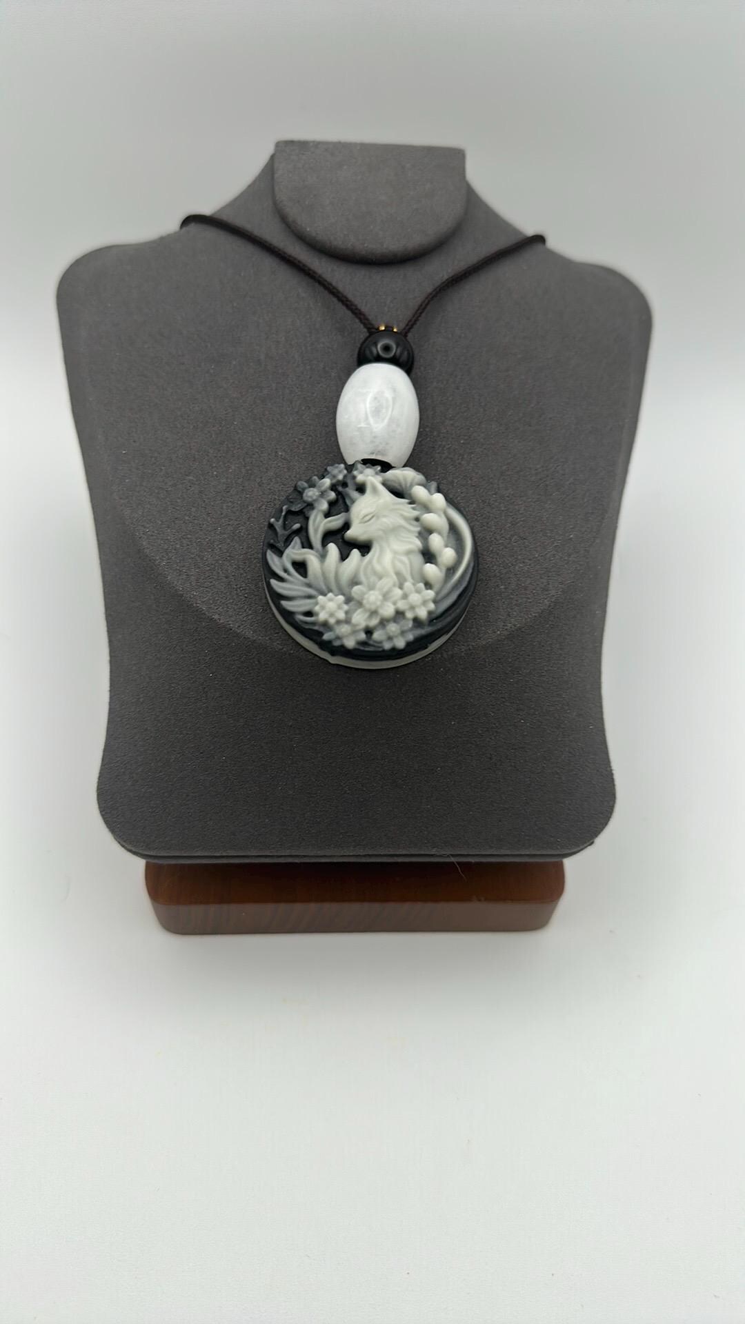 Round Natural Tai Chi Jasper Nine Tail Fox Pendant Necklace With Black ...