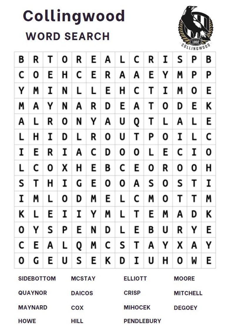 Collingwood AFL Word Search Printable – Magpies Player Names Puzzle ...