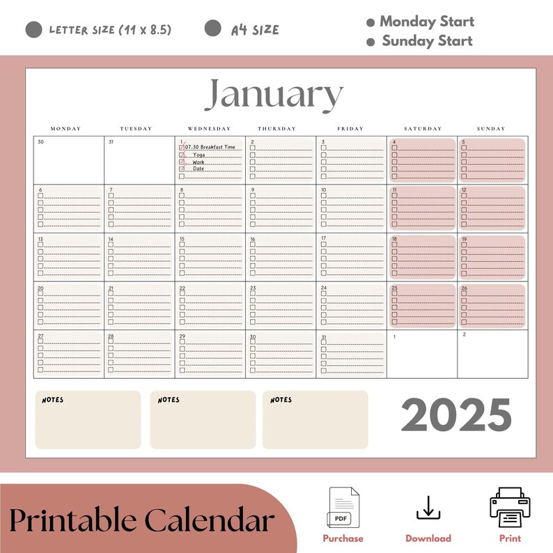 2025 Monthly Calendar Lined, Printable Minimalist Calendar, Monday ...