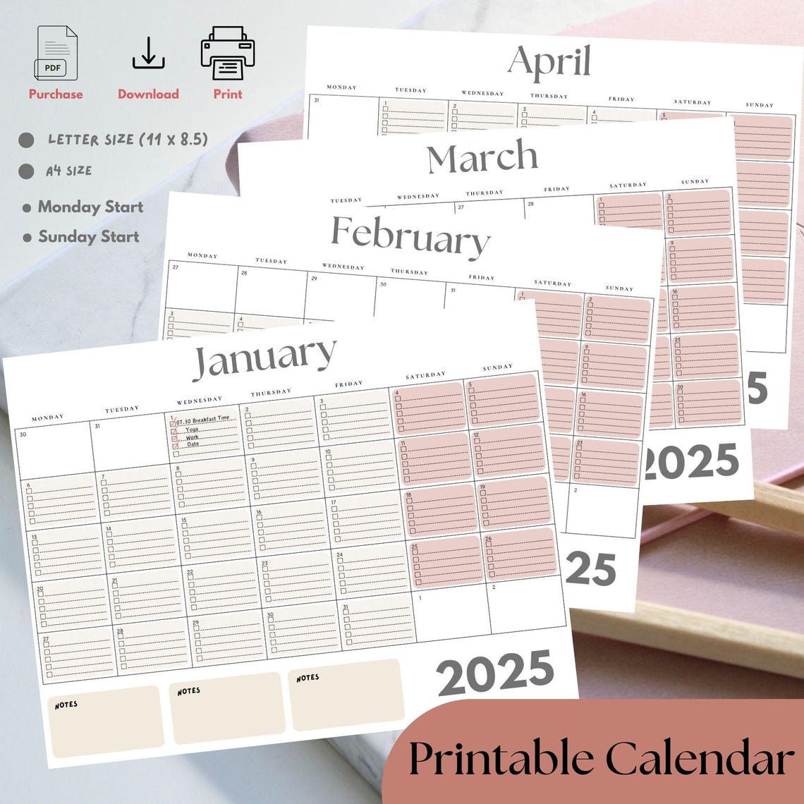 2025 Monthly Calendar Lined, Printable Minimalist Calendar, Monday ...