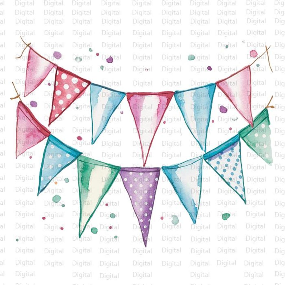 8 Party Bunting Clipart, Coloured Garland Clipart, Printable Watercolor ...