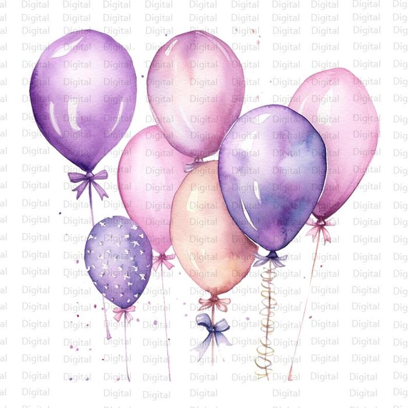 6 Watercolor Happy Birthday Clipart Set, Birthday Party PNG, Balloons ...