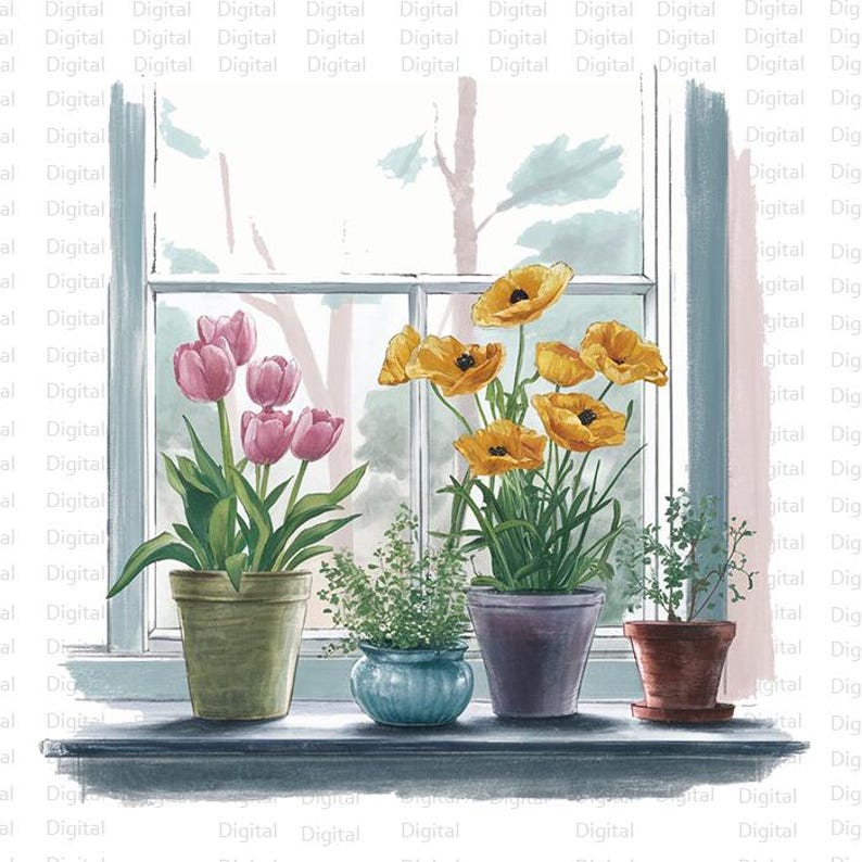 8 Spring Flowers Window Clipart, Flowerpots, Printable Watercolor ...