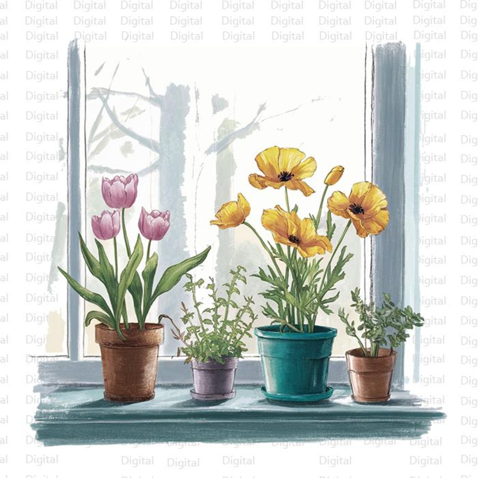 8 Spring Flowers Window Clipart, Flowerpots, Printable Watercolor ...