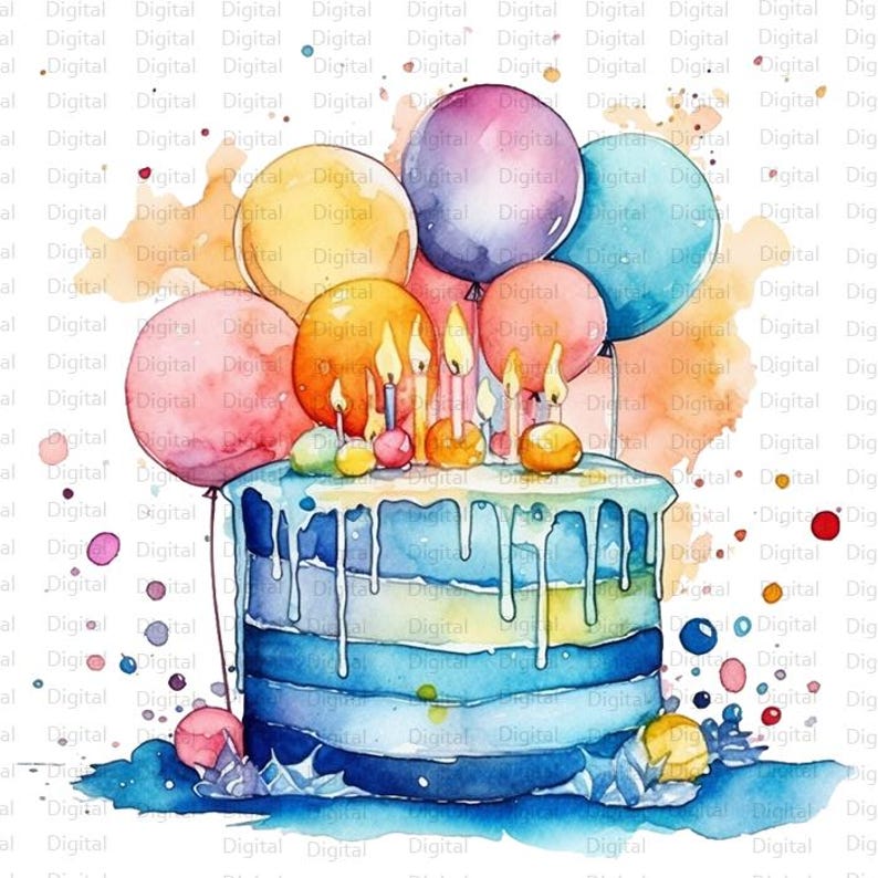 6 Watercolor Happy Birthday Clipart Set, Birthday Party PNG, Balloons ...