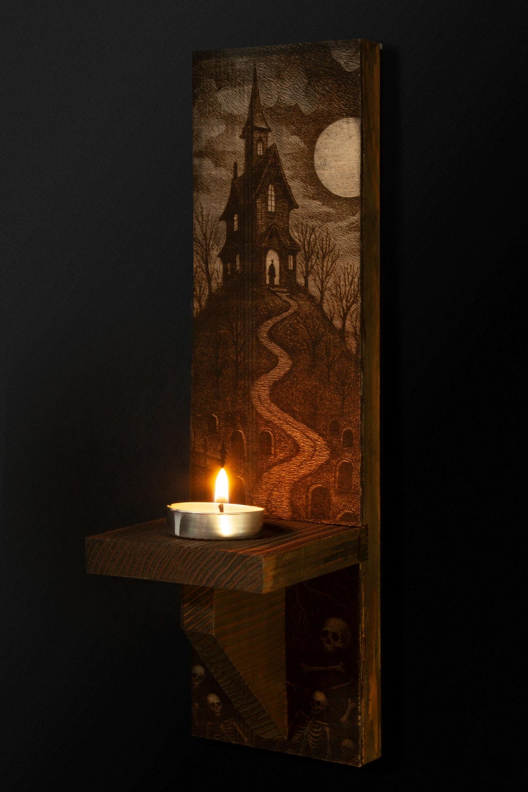 The Spooky Old House - Etched Wooden Wall Mount Candle Sconce - Hand ...