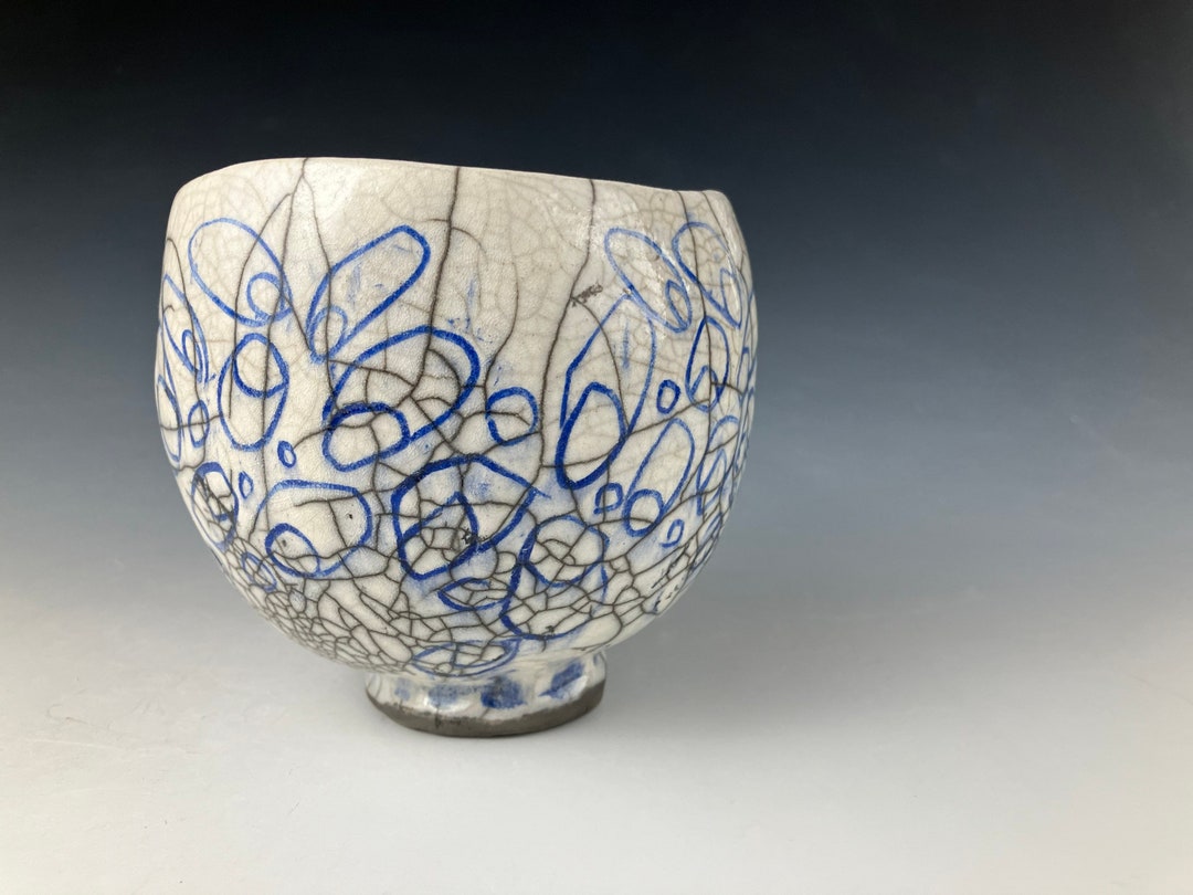 Ceramic Raku Bowl, Clear Crackle Raku Glaze With Blue Underglaze ...