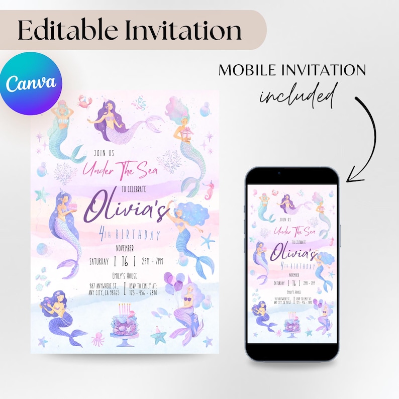 Editable Mermaid Birthday Invitation Canva Template | 5x7" Print ...