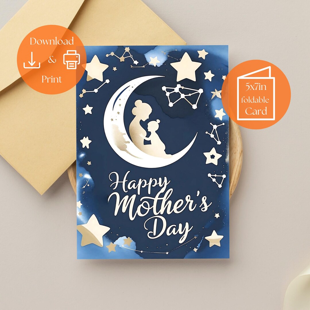 Celestial Mother's Day Card Printable – Moon & Stars Mom and Child ...