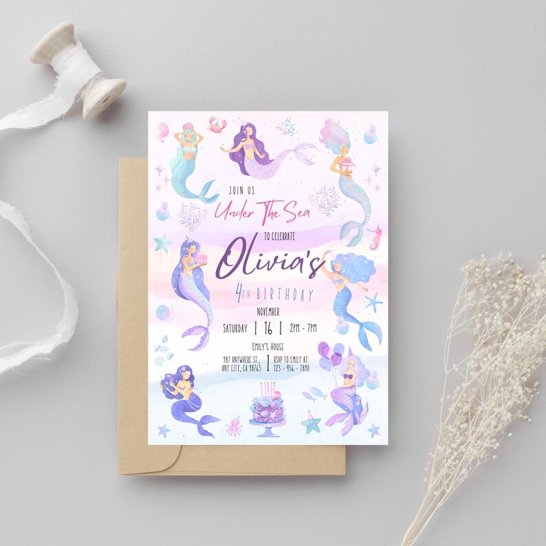 Editable Mermaid Birthday Invitation Canva Template | 5x7" Print ...