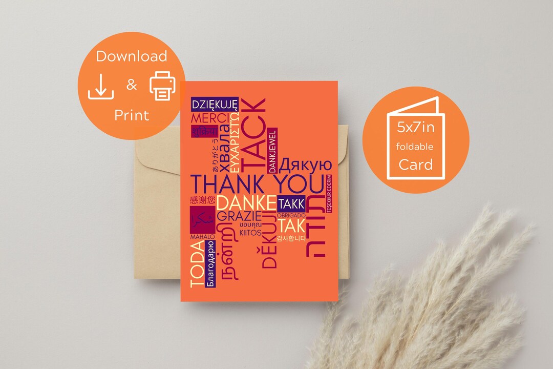 Printable Multilingual Thank You Card – Digital Download, Thank You in ...