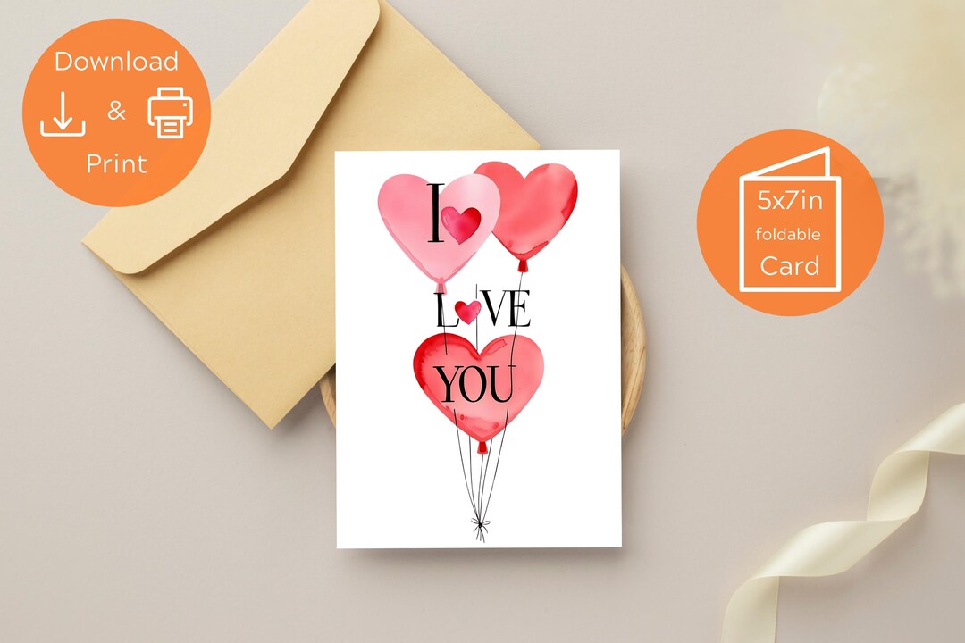 Heart Balloons Card, Instant Download, Printable Valentines Card ...