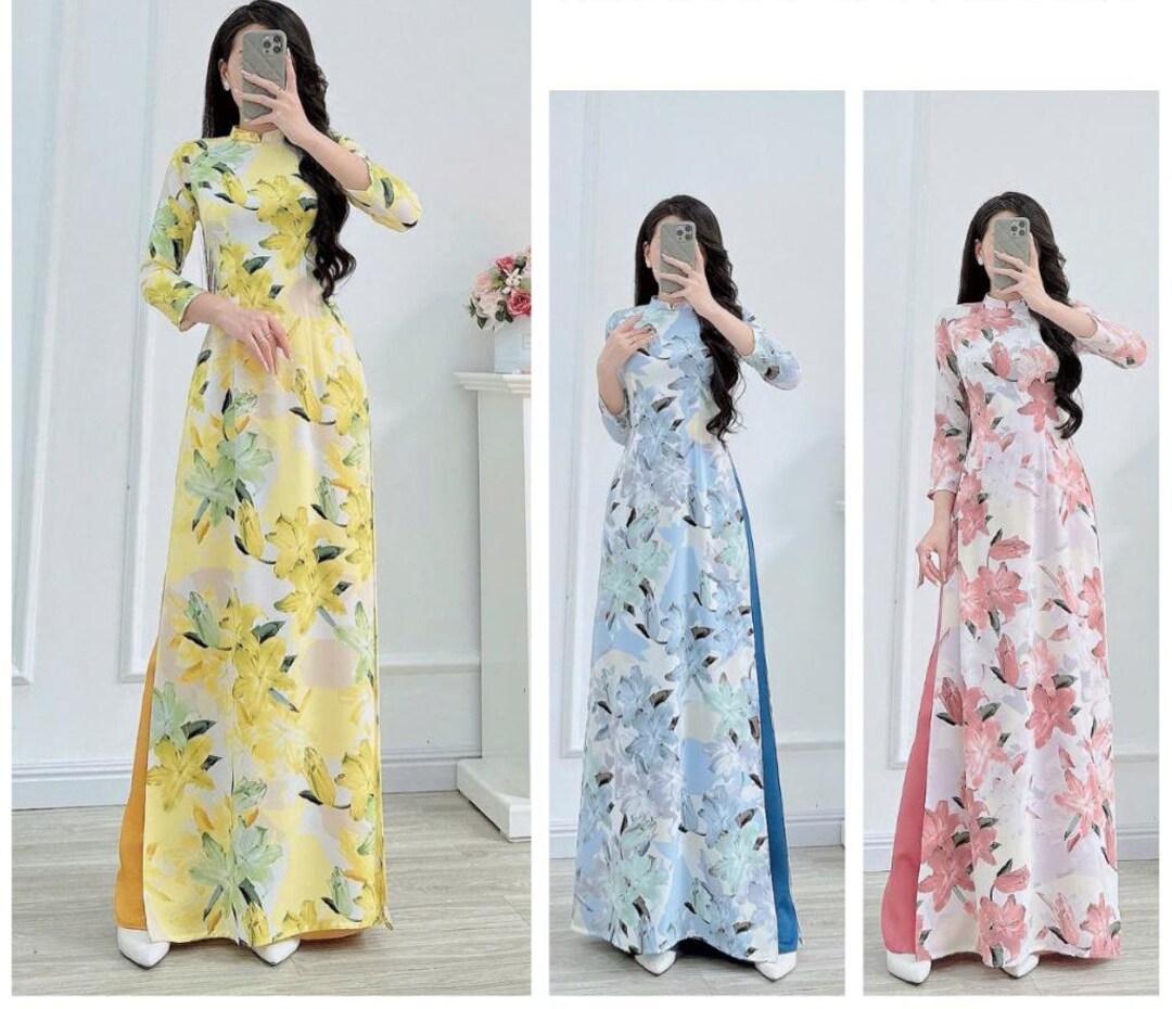Pre-made Ao Dai , Japanese Silk Ao Dai With FLOWER Print, Áo Dài Lụa ...