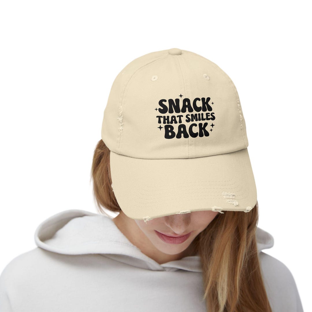 Distressed Hat, Snack That Smiles Back Ball Cap, Funny Baseball Cap ...