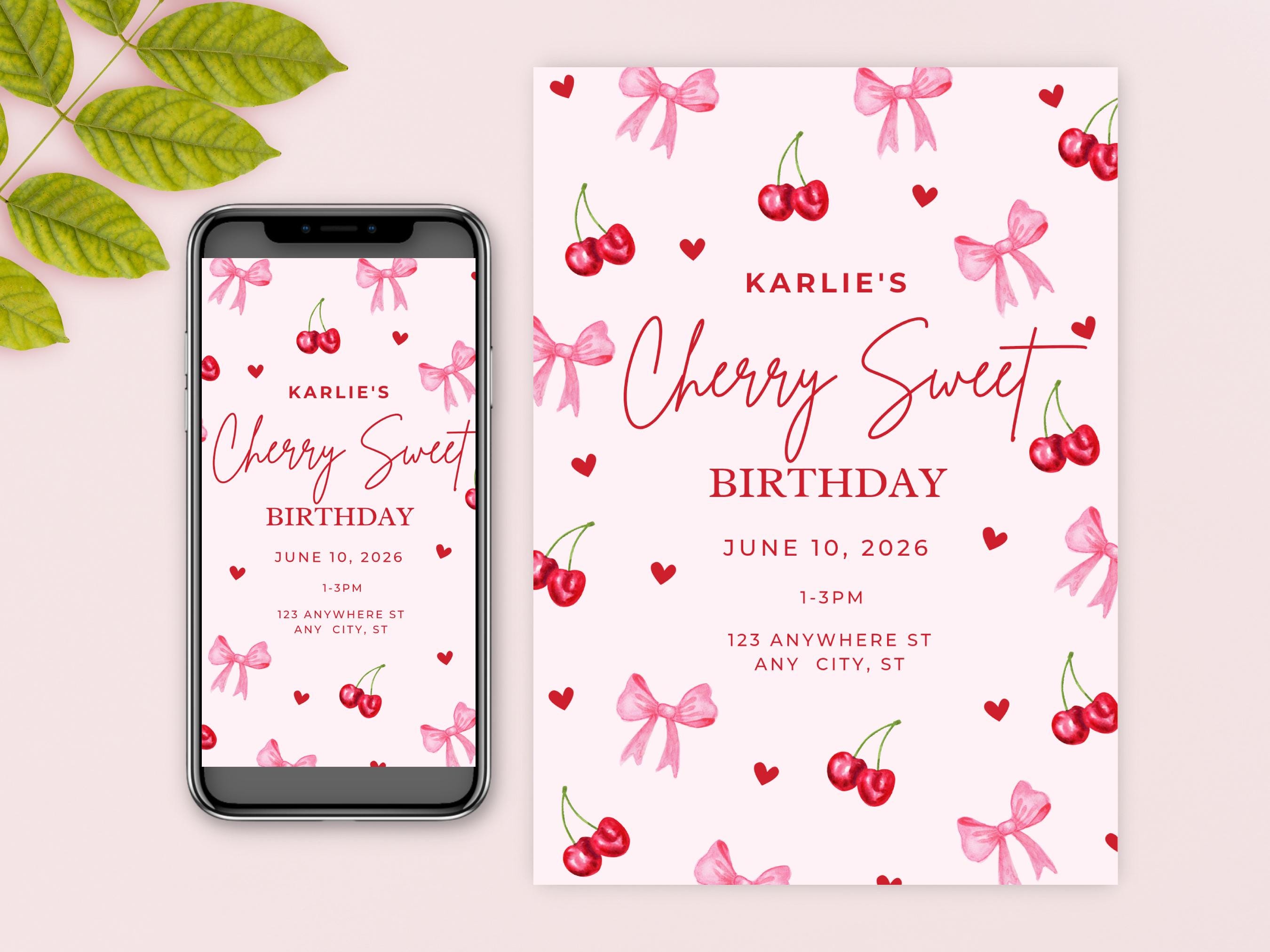 Cherry Sweet Birthday Party Invitation, Editable Canva Template, Cherry ...