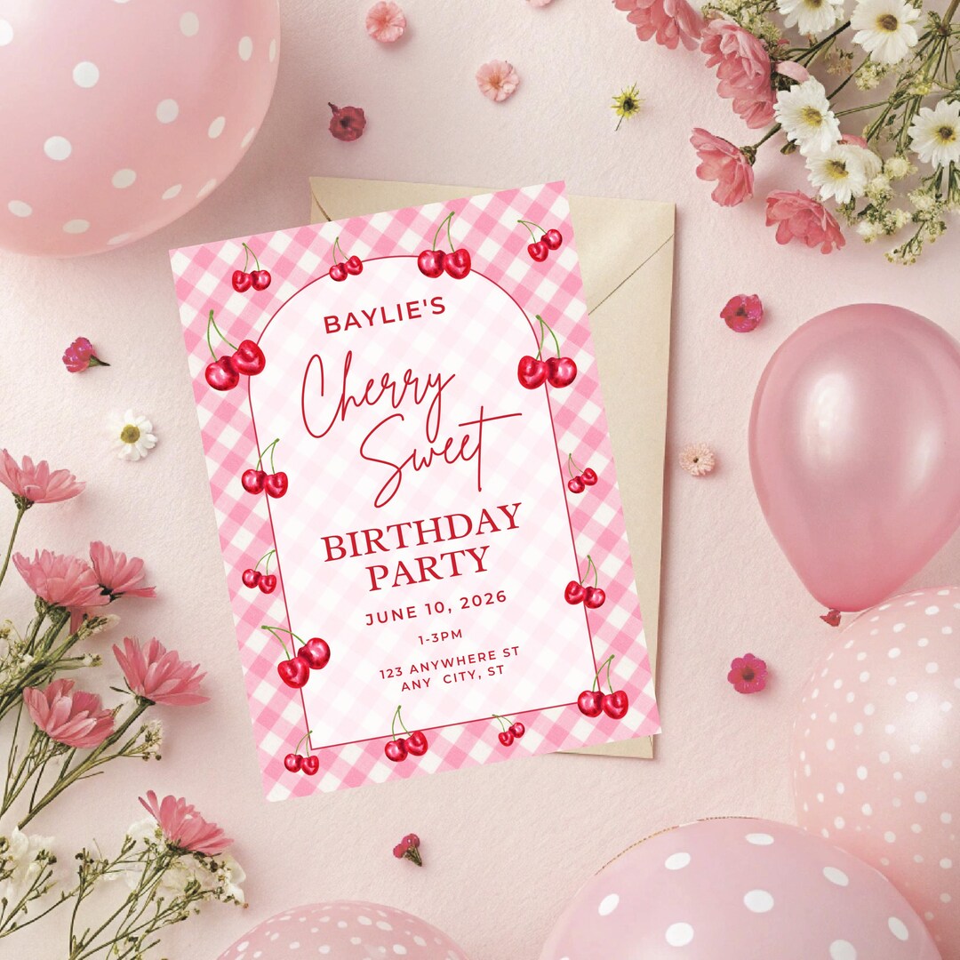 Cherry Sweet Birthday Party Invitation, Editable Canva Template, Cherry ...