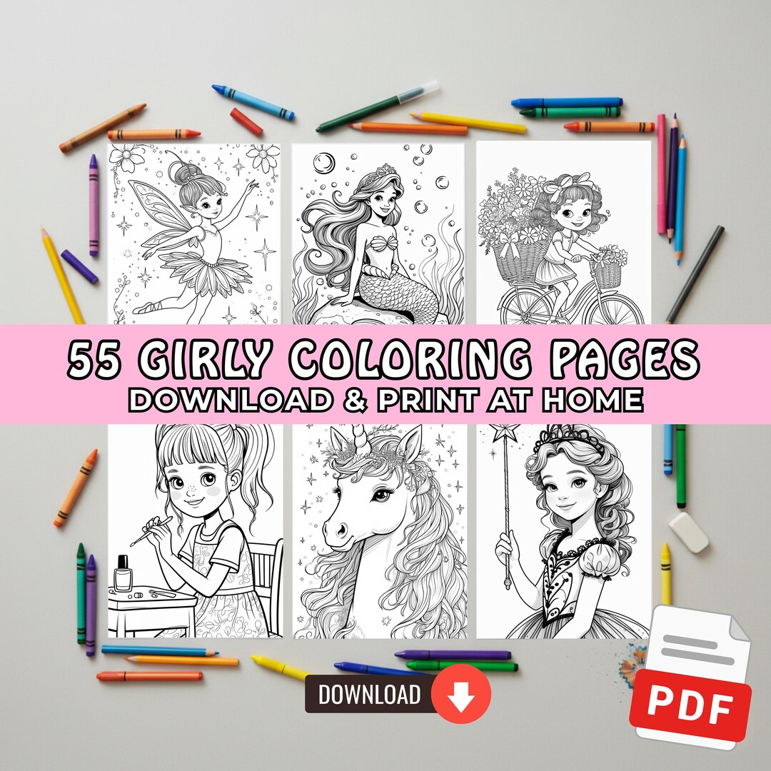 55 Girly Coloring Pages, Cute Printable Coloring Books, Digital ...