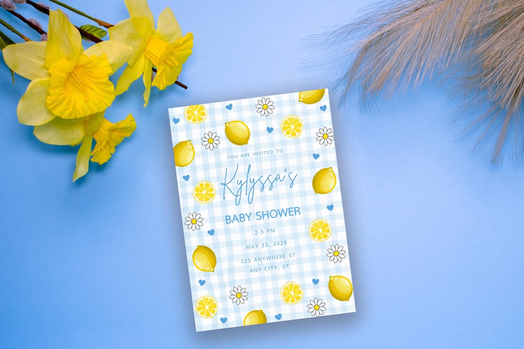 Blue Gigham and Lemon Baby Shower Invitation, Lemon Theme Baby Shower ...