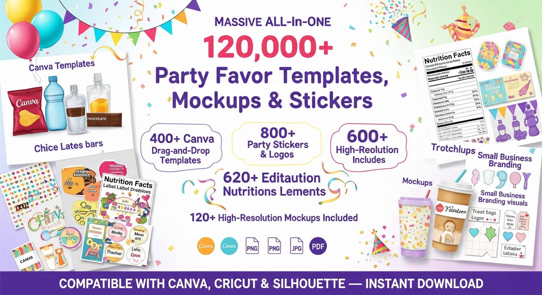 120,000+ Party Favor Templates and Mockups Mega Bundle | Canva Editable ...